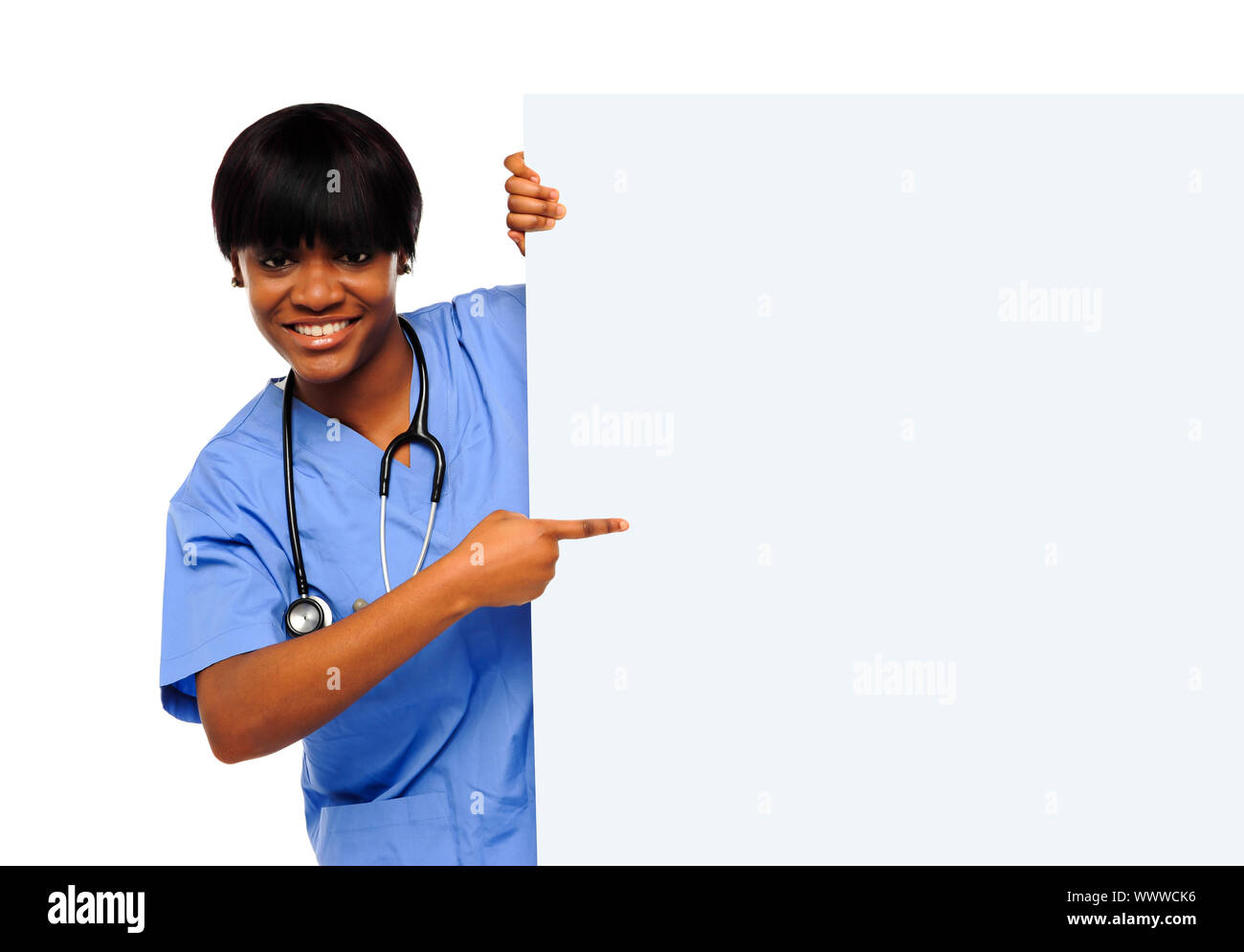 Medical expert pointing towards placard. All on white background Stock ...