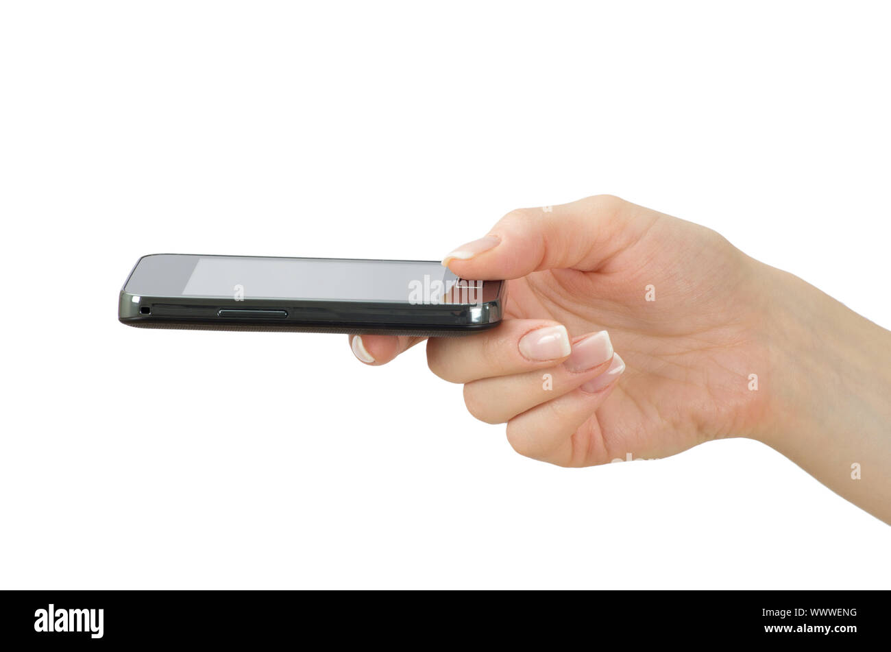 Hand holding mobile isolated on white Stock Photo - Alamy