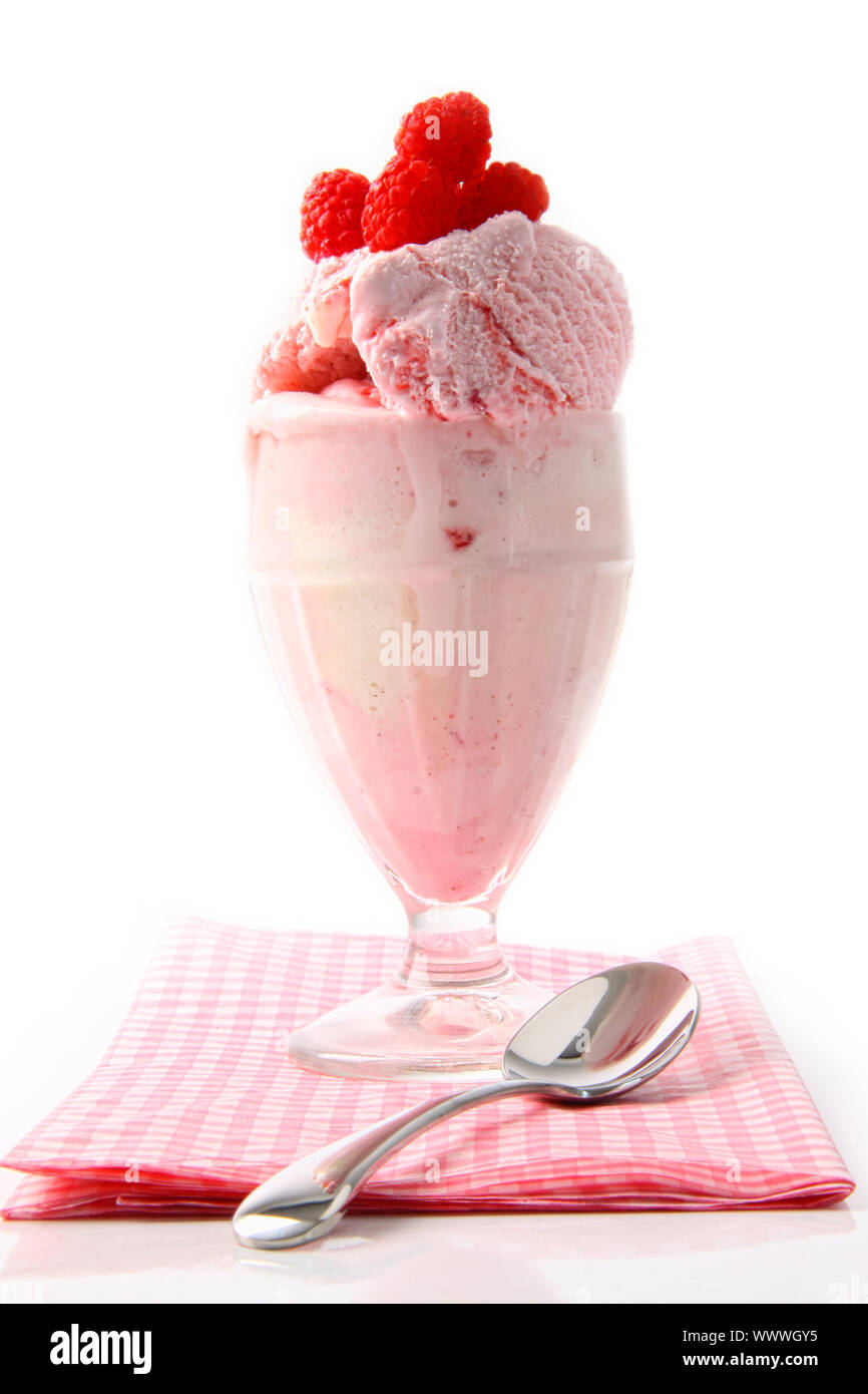 Big raspberry sundae with napkin on white Stock Photo - Alamy