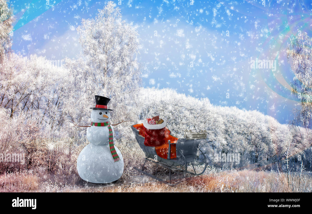 Christmas background: a snowman and trees in frost. 3D illustration ...