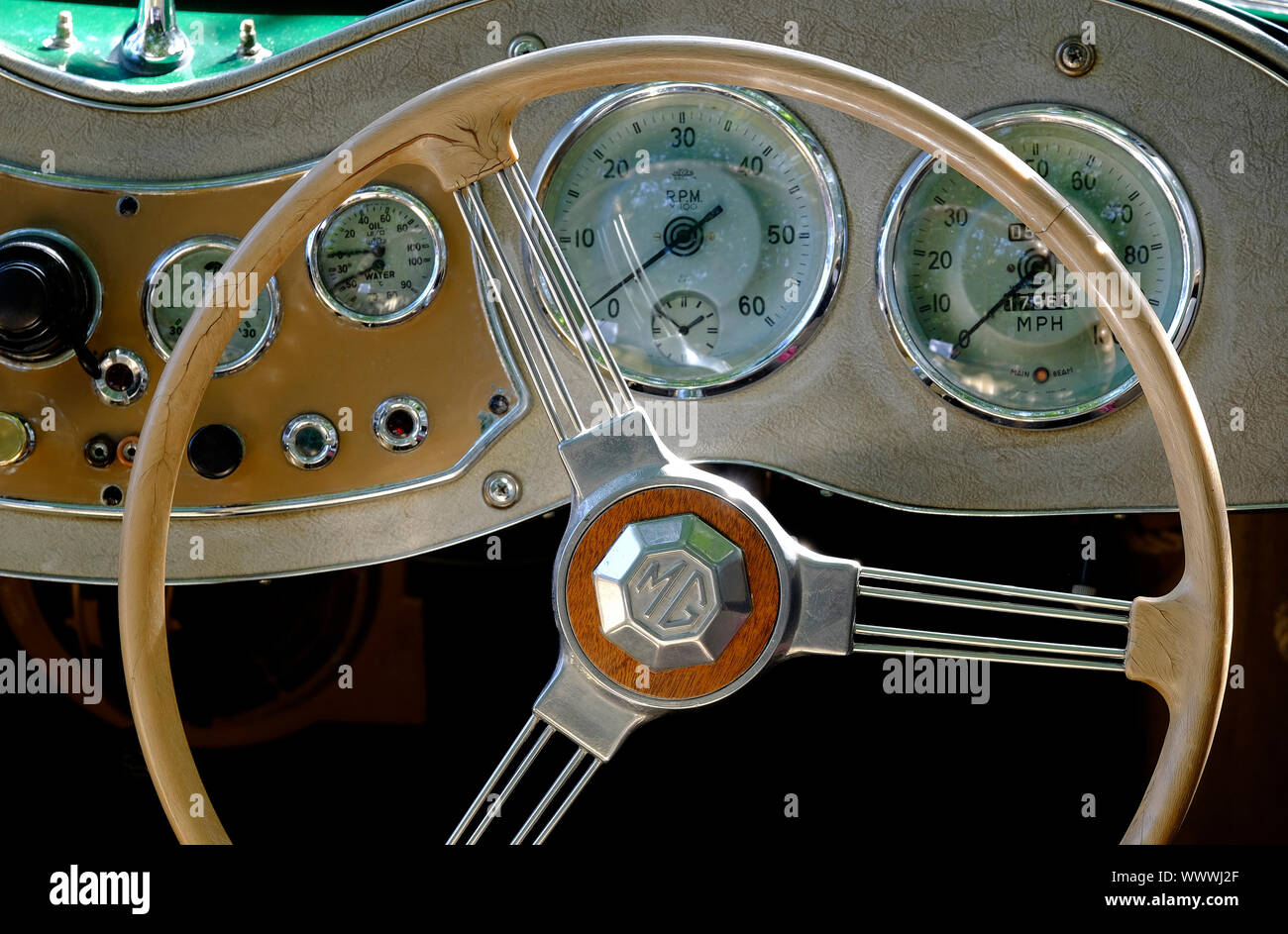 steering wheel and dashboard of classic MG open top sports car Stock ...