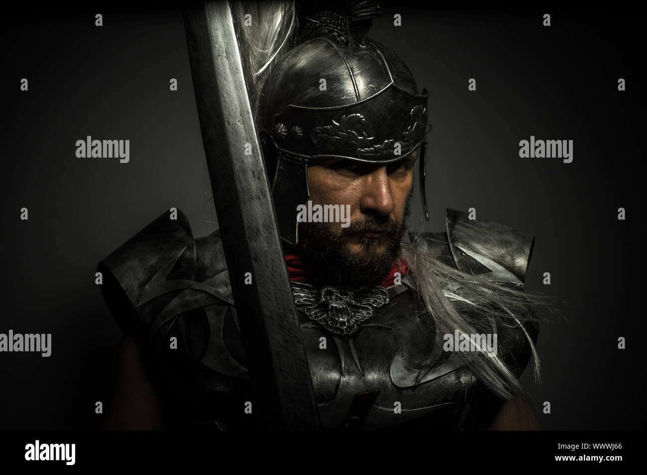 Gladiator, Roman centurion with armor and helmet with white chalk ...