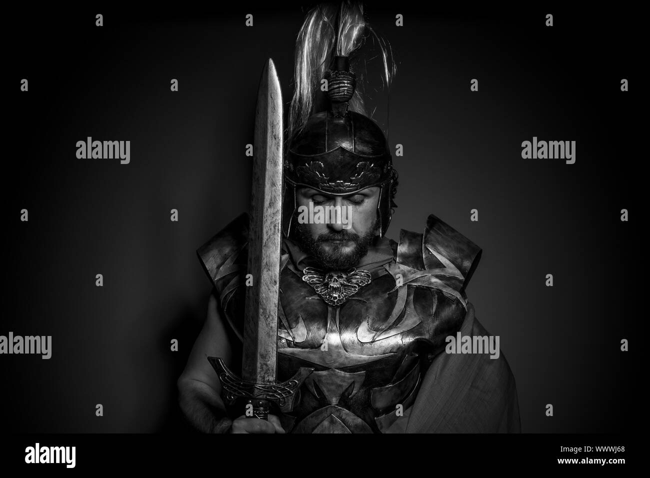 Army, Roman centurion with armor and helmet with white chalk, steel ...