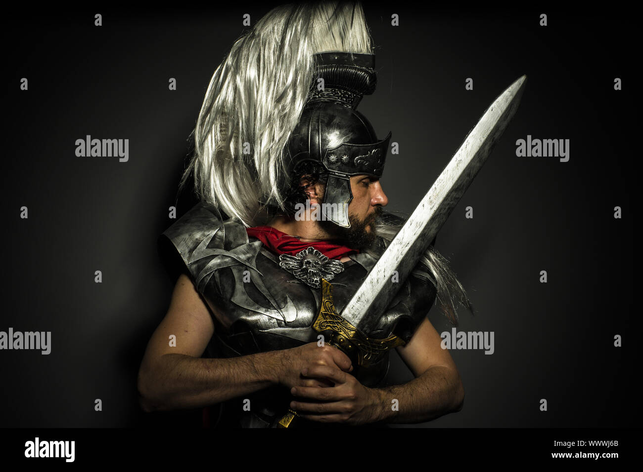 Empire, Roman centurion with armor and helmet with white chalk, steel ...