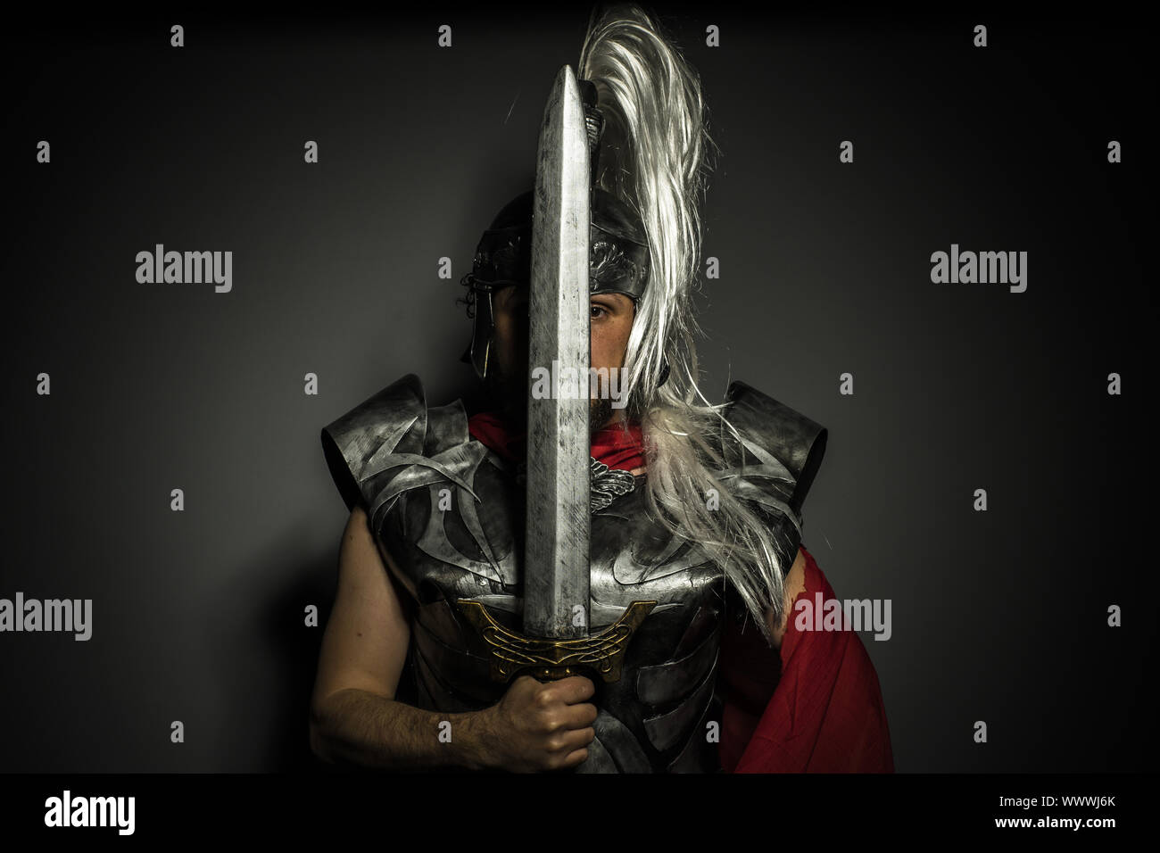 Empire, Roman centurion with armor and helmet with white chalk, steel ...