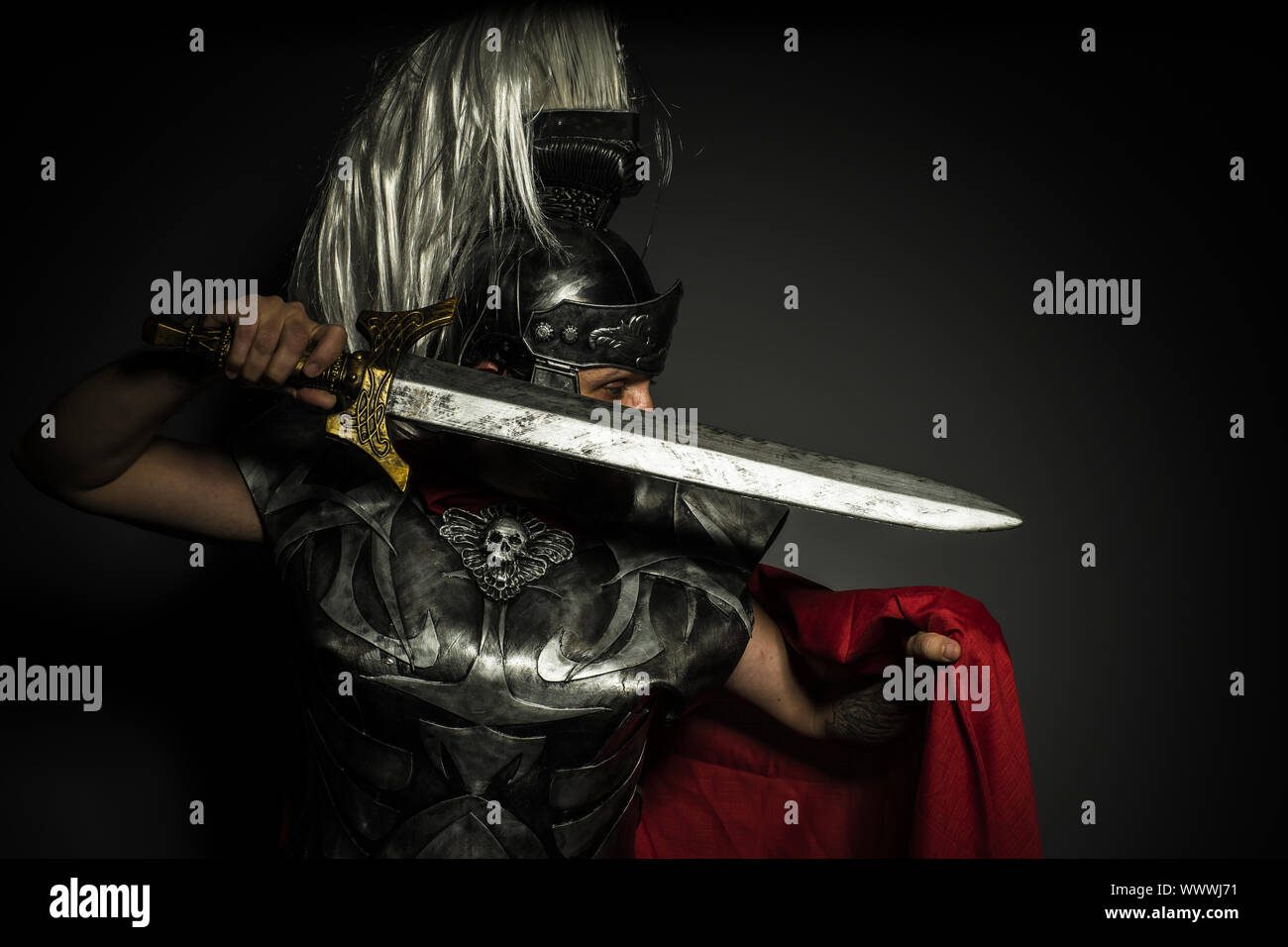 Army, Roman centurion with armor and helmet with white chalk, steel ...