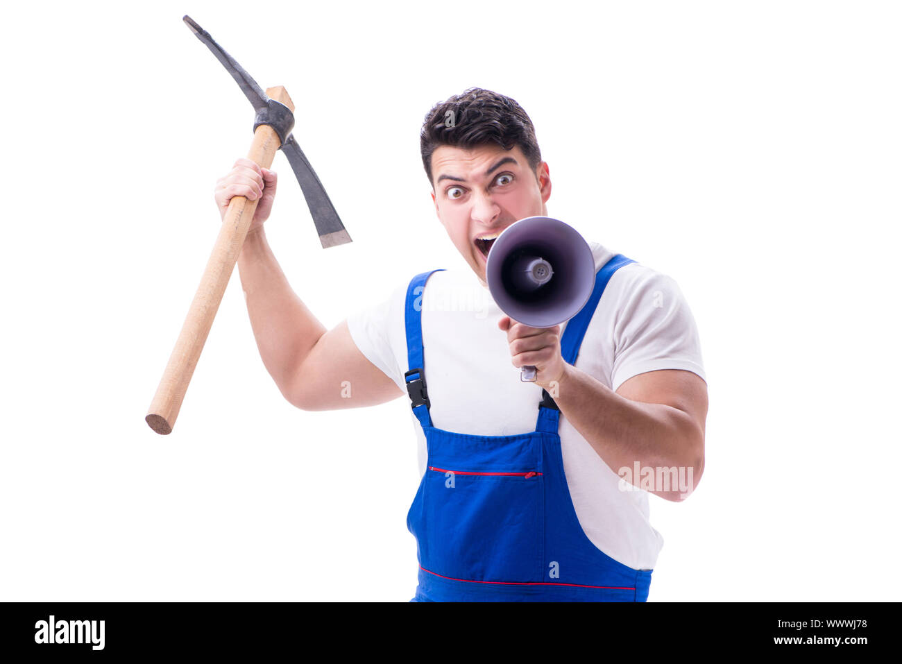 Repairman with megaphone and a digging axe on white background i Stock ...