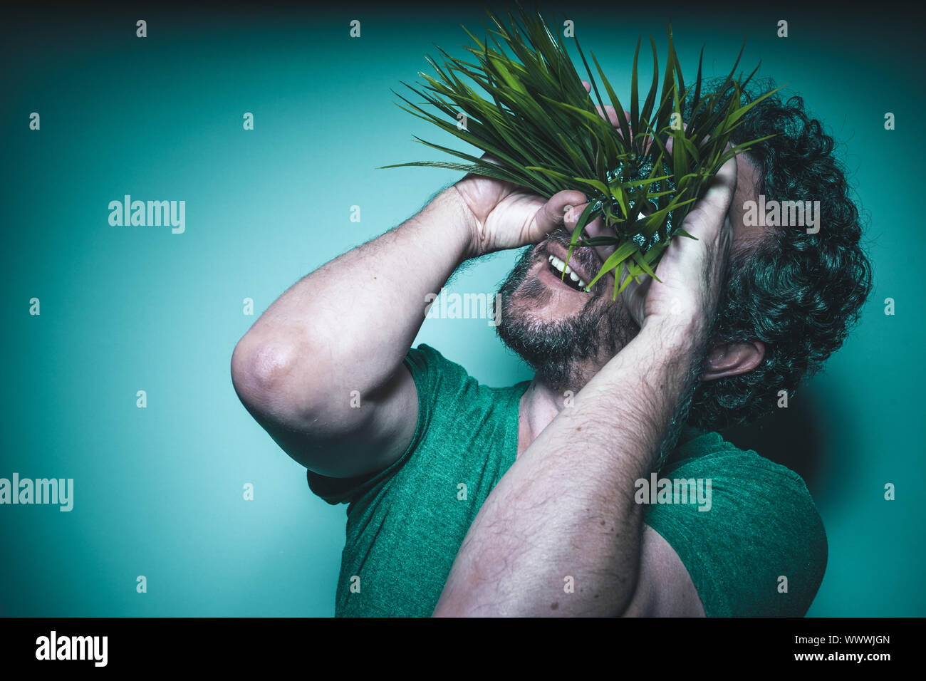 Weed, Concept of addiction to drugs, man with grass in eyes with ...