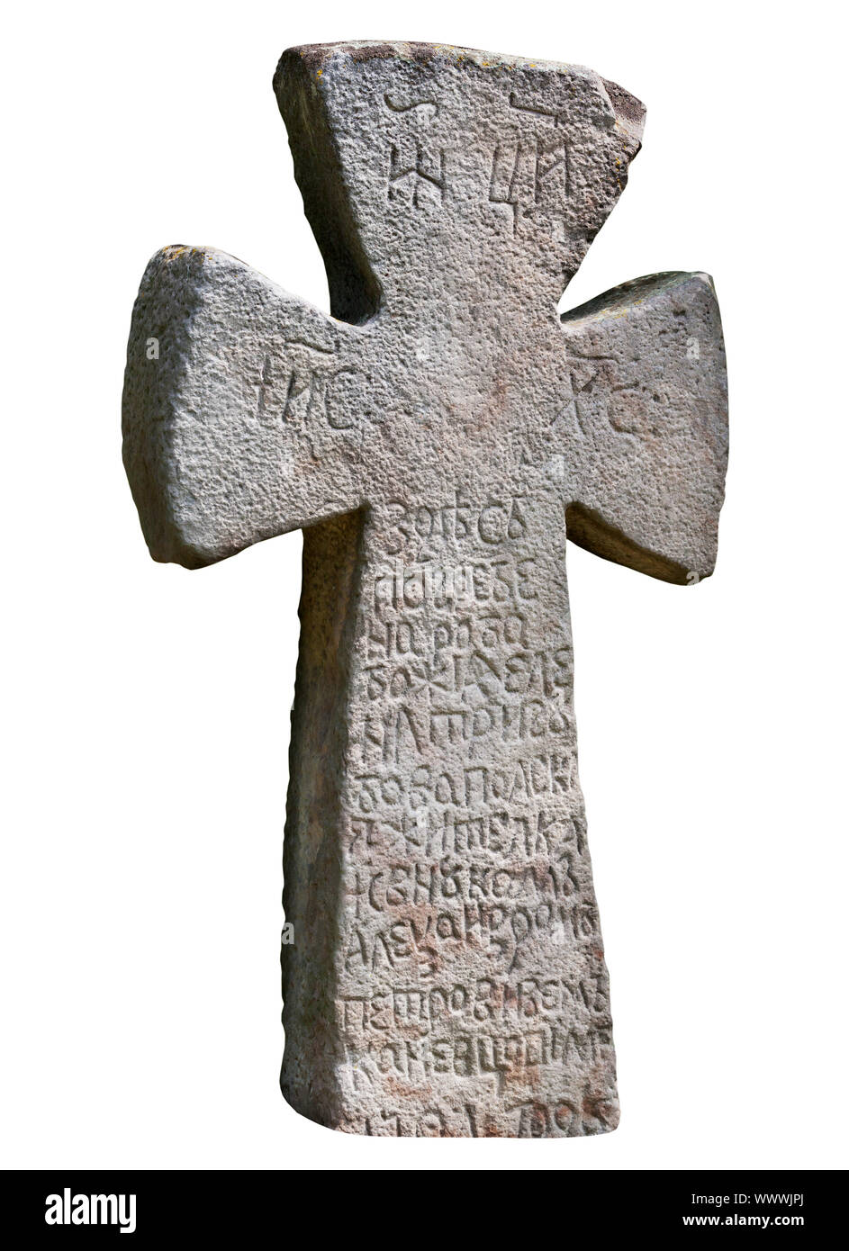 The ancient medieval Slavic stone cross isolated on white background ...