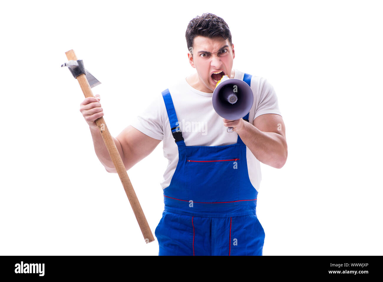 Repairman with megaphone and a digging axe on white background i Stock ...
