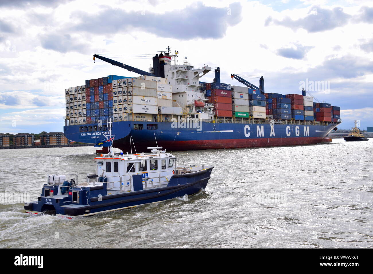 Escorted by Harbour Master, Kew, CNA CGM Africa Three is a container ...