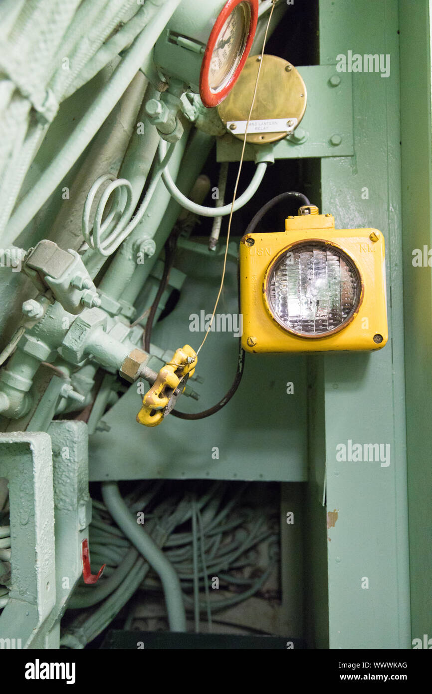 New York, USA - June 11th 2019: USS Growler submarine interior. Valve ...