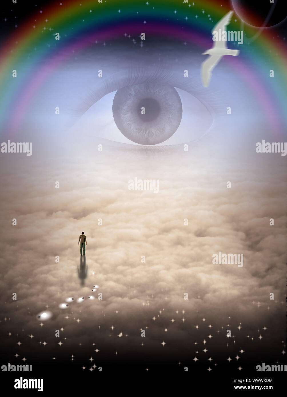 Mans Journey of the Soul. All seeing eye and rainbow in the sky Stock ...