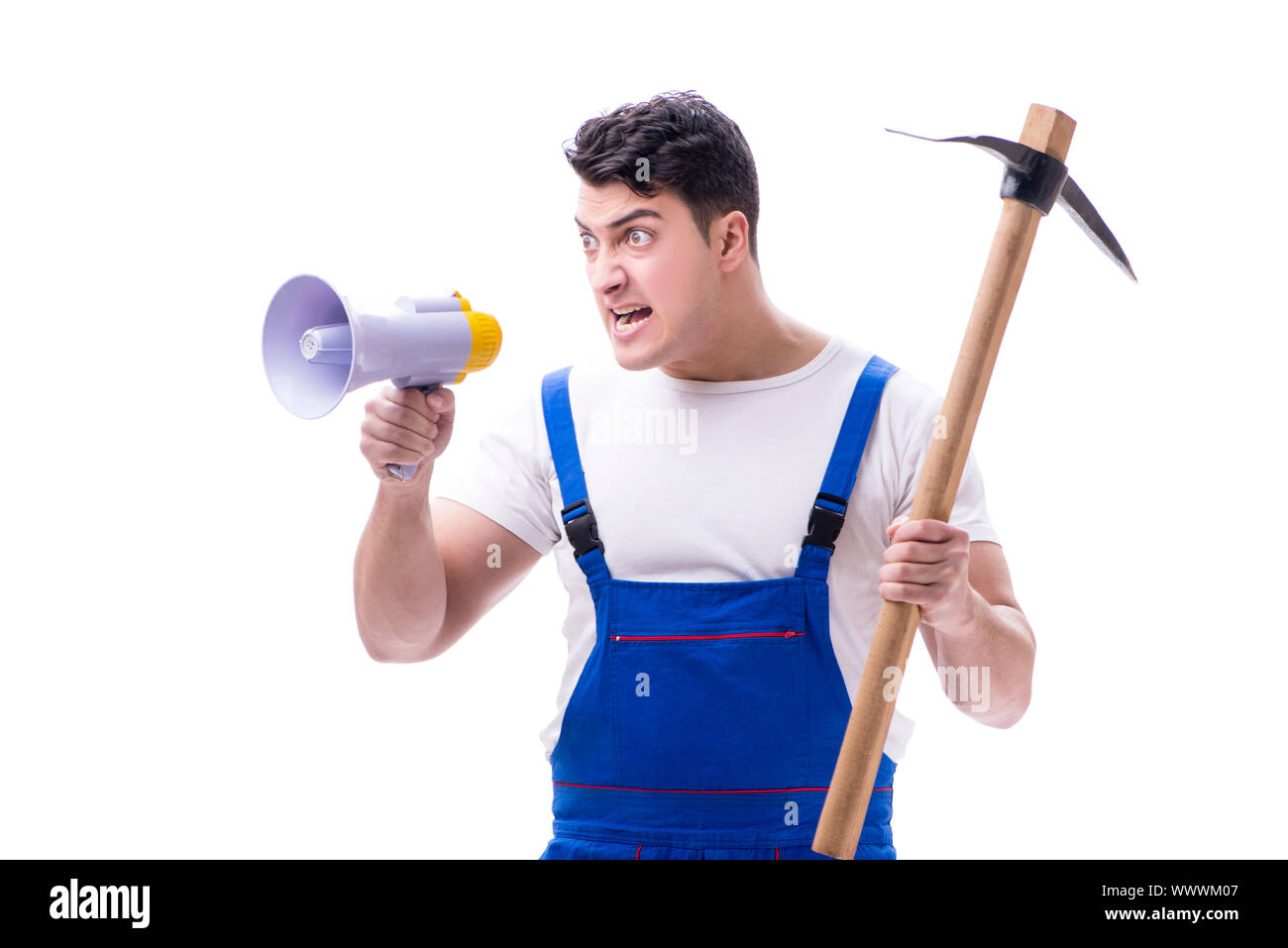 Repairman with megaphone and a digging axe on white background i Stock ...