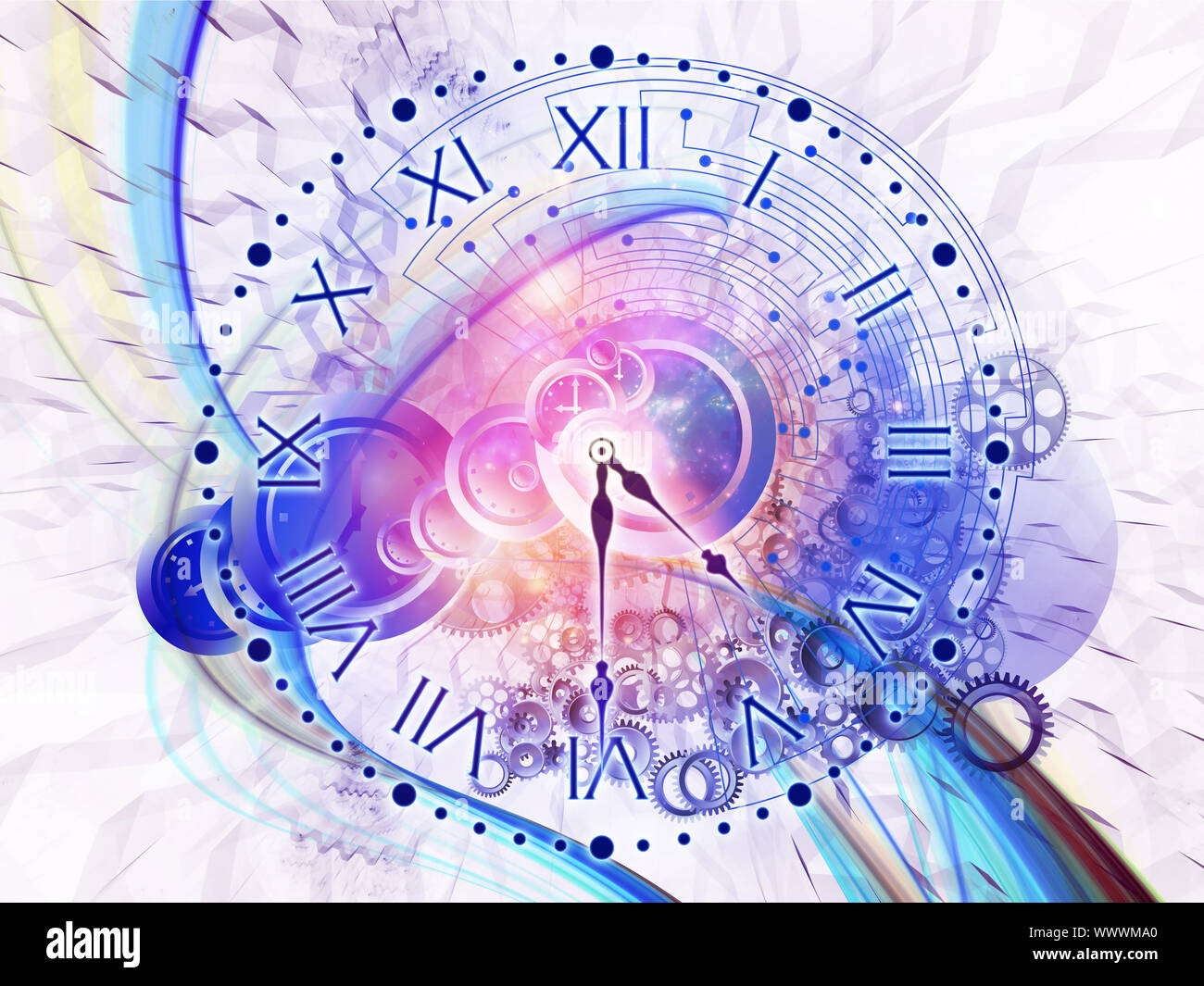 Composition of gears, clock elements, dials and dynamic swirly lines ...