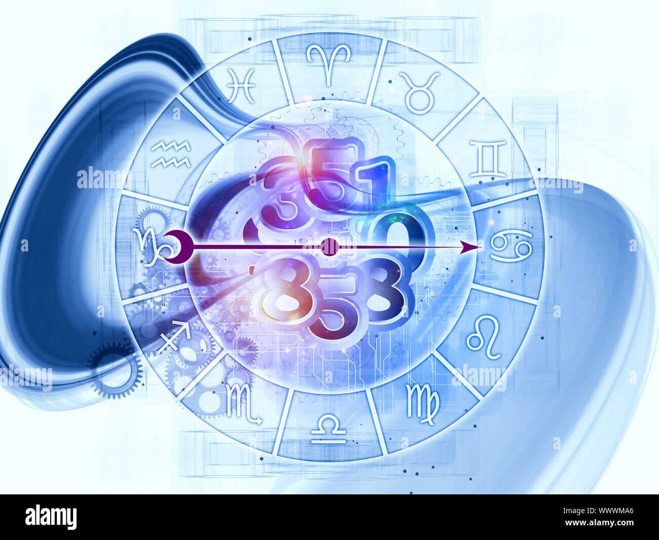 Interplay of Zodiac symbols, gears, lights and abstract design elements ...