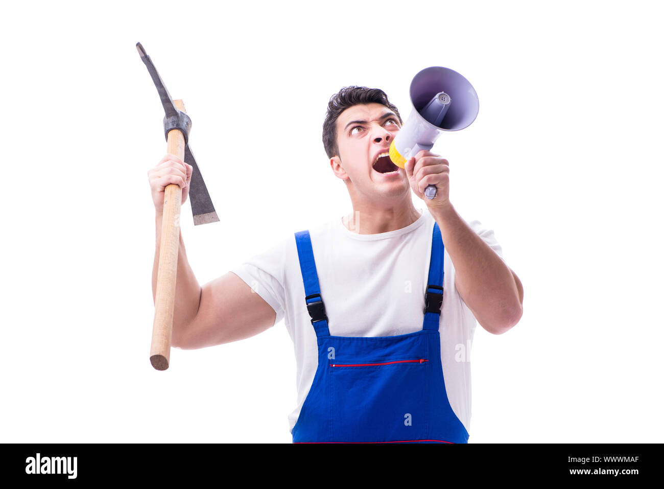 Repairman with megaphone and a digging axe on white background i Stock ...