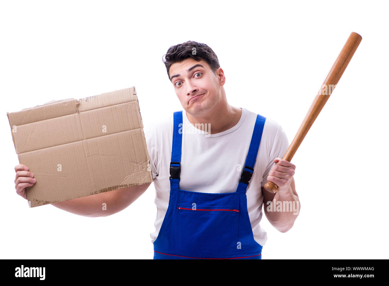 Angry man with baseball bat holding a message board on white bac Stock ...