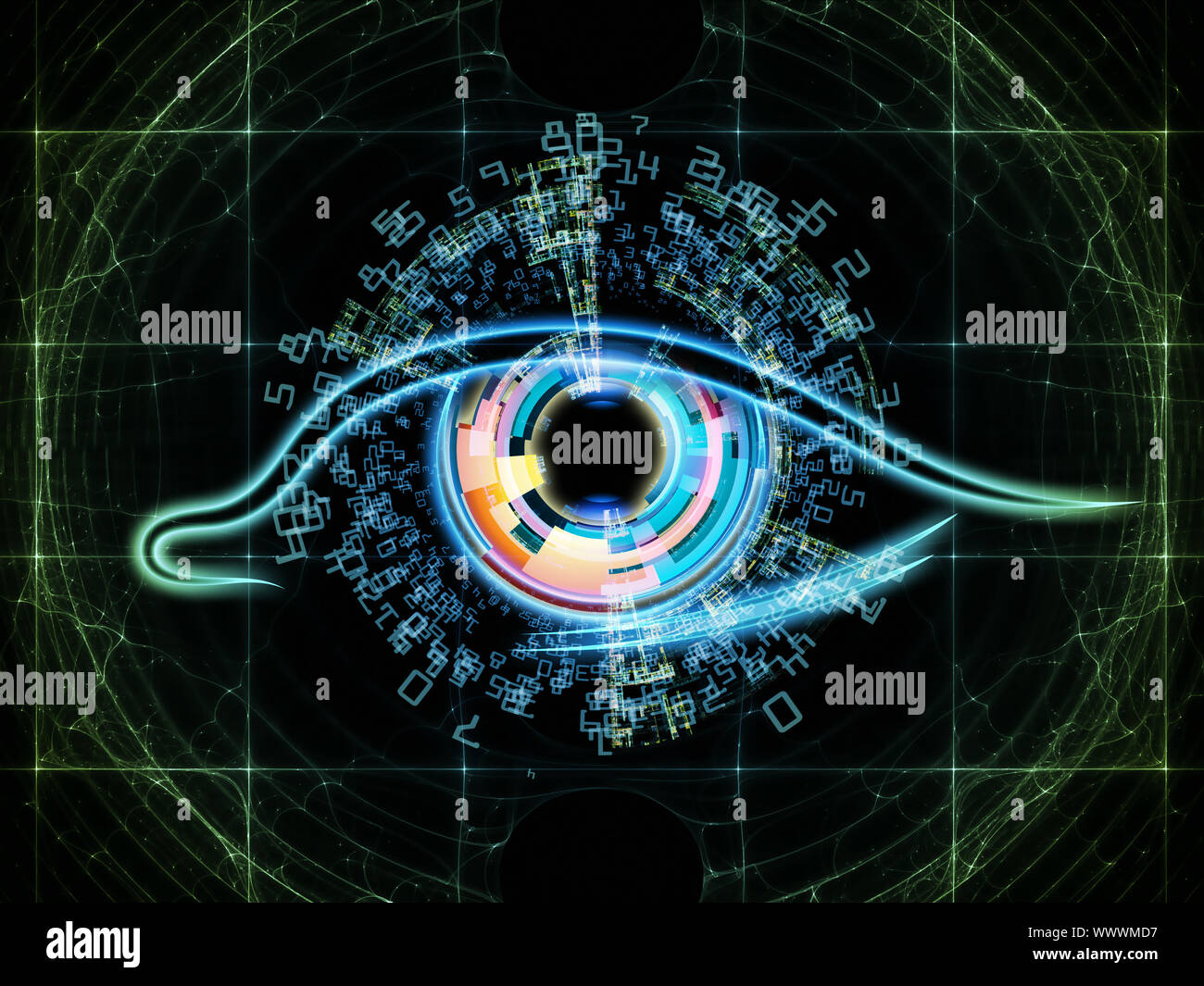 Design composed of eye outlines, numbers, fractal and abstract design ...