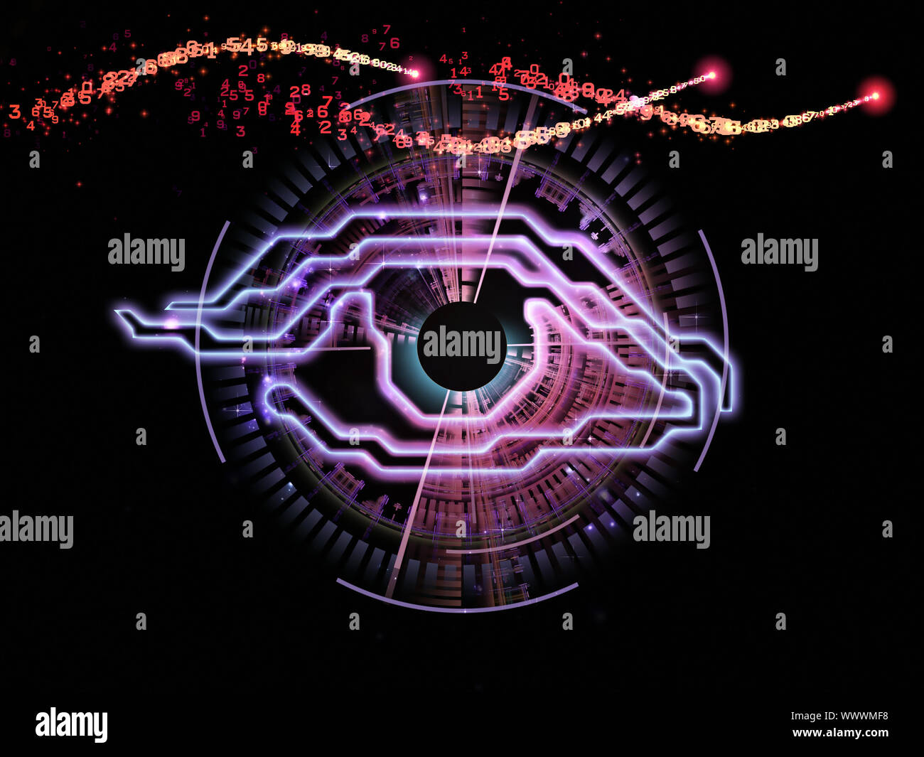 Composition of eye outlines, numbers, fractal and abstract design ...