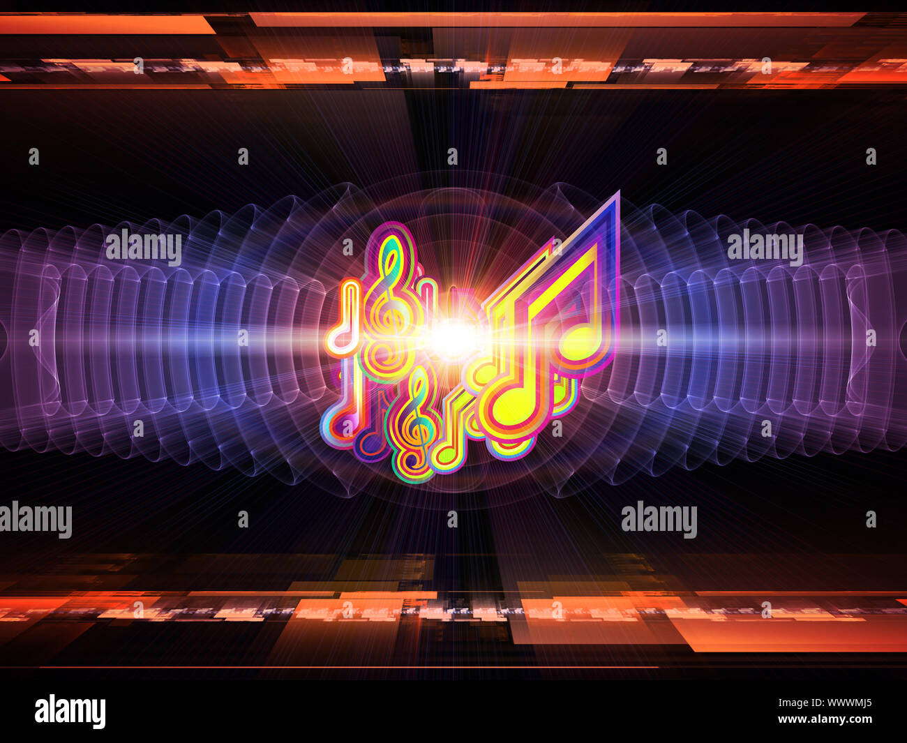 Backdrop composed of musical notes, perspective fractal grids, lights ...