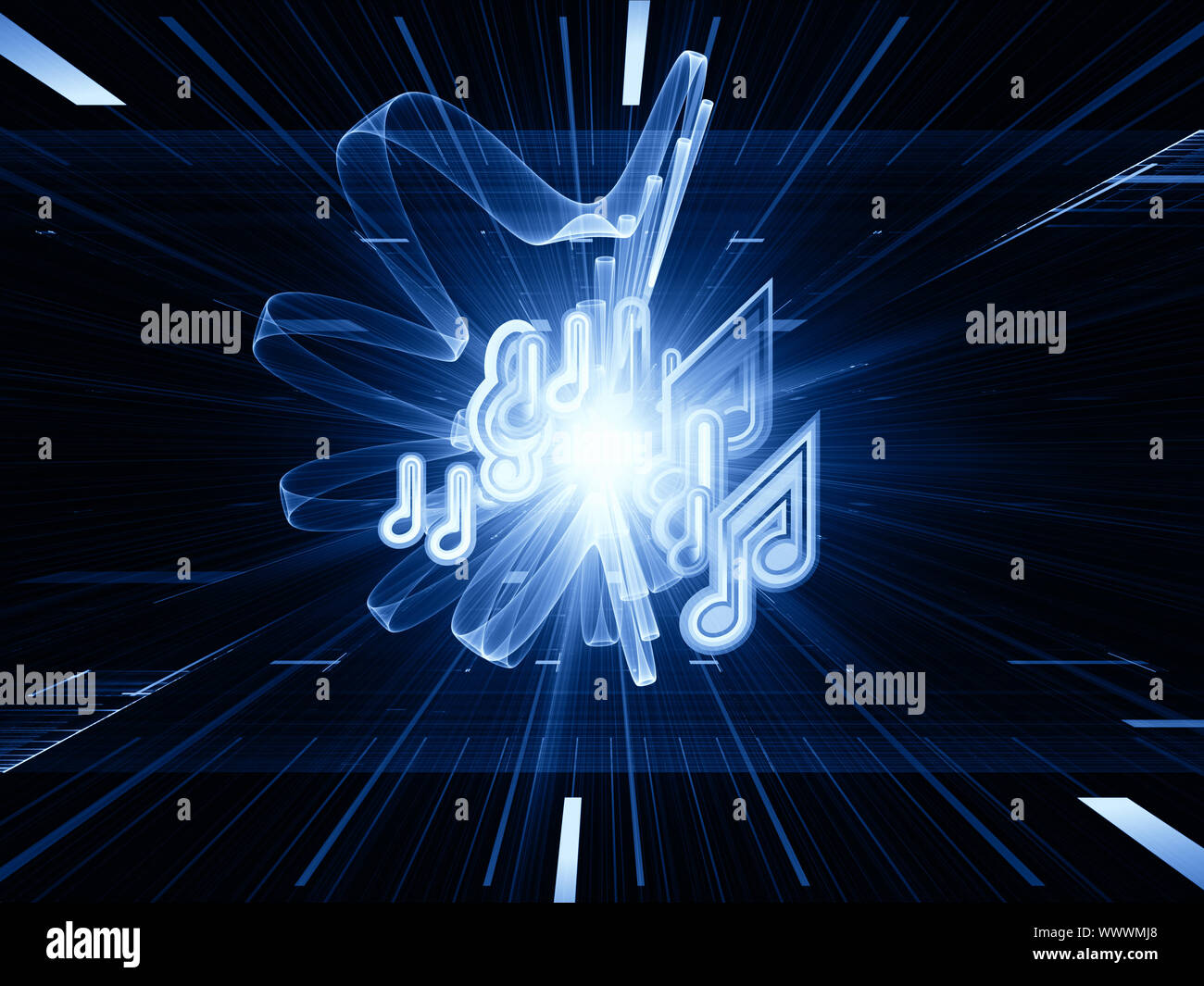Arrangement of musical notes, perspective fractal grids, lights, wave ...