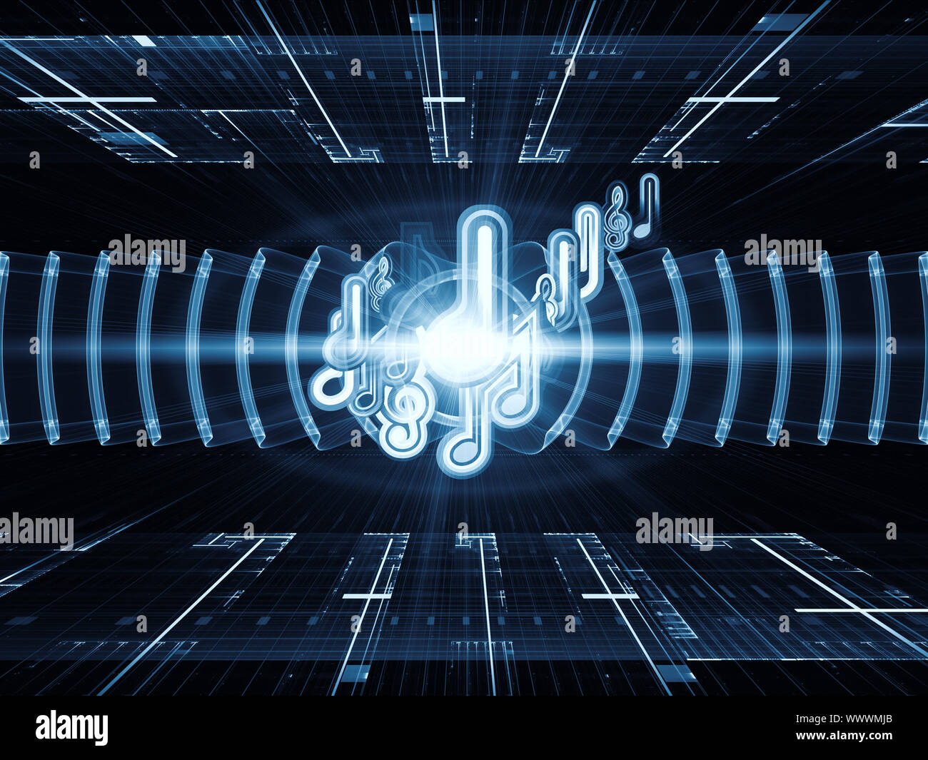 Interplay of musical notes, perspective fractal grids, lights, wave and ...
