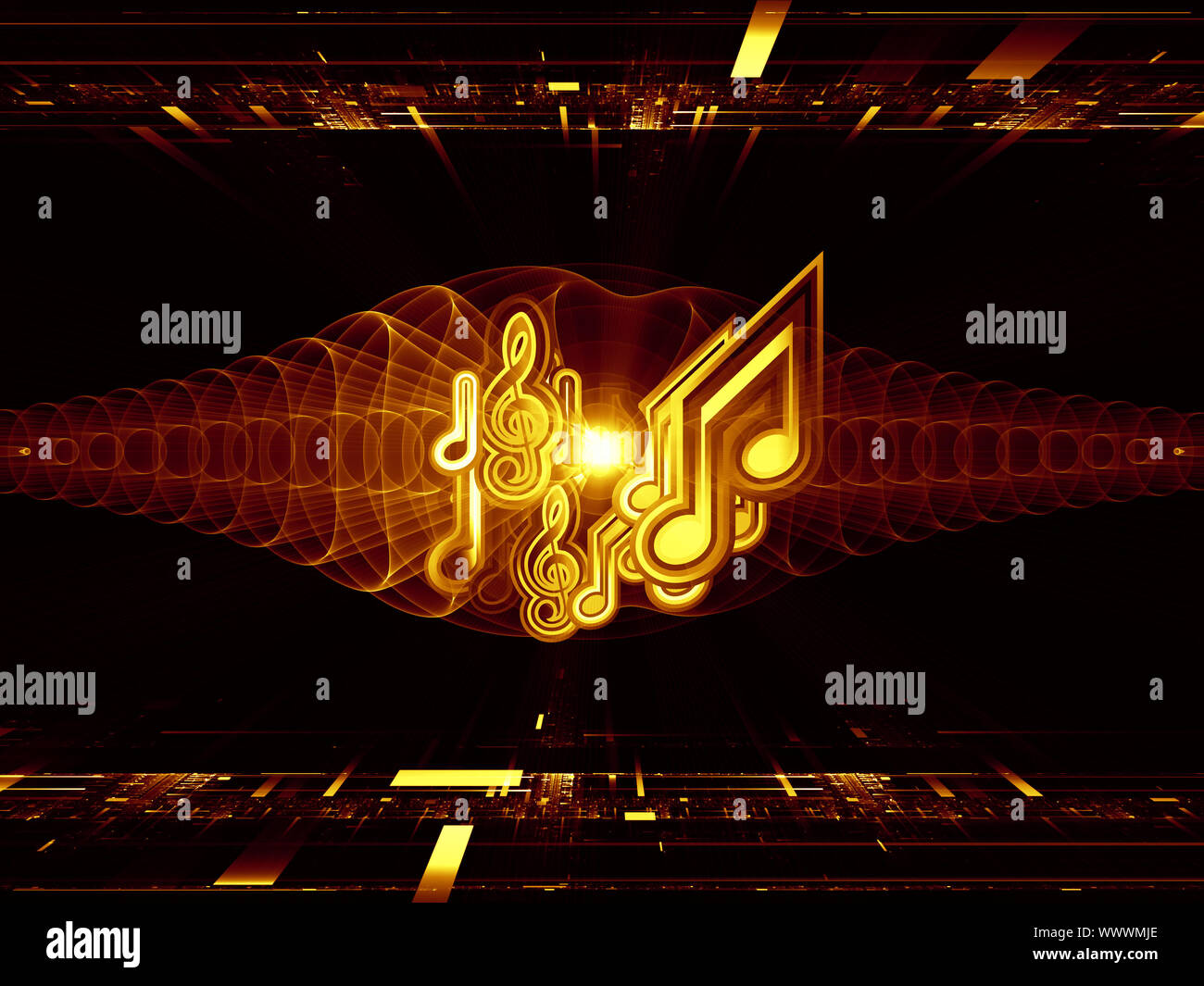 Arrangement of musical notes, perspective fractal grids, lights, wave ...