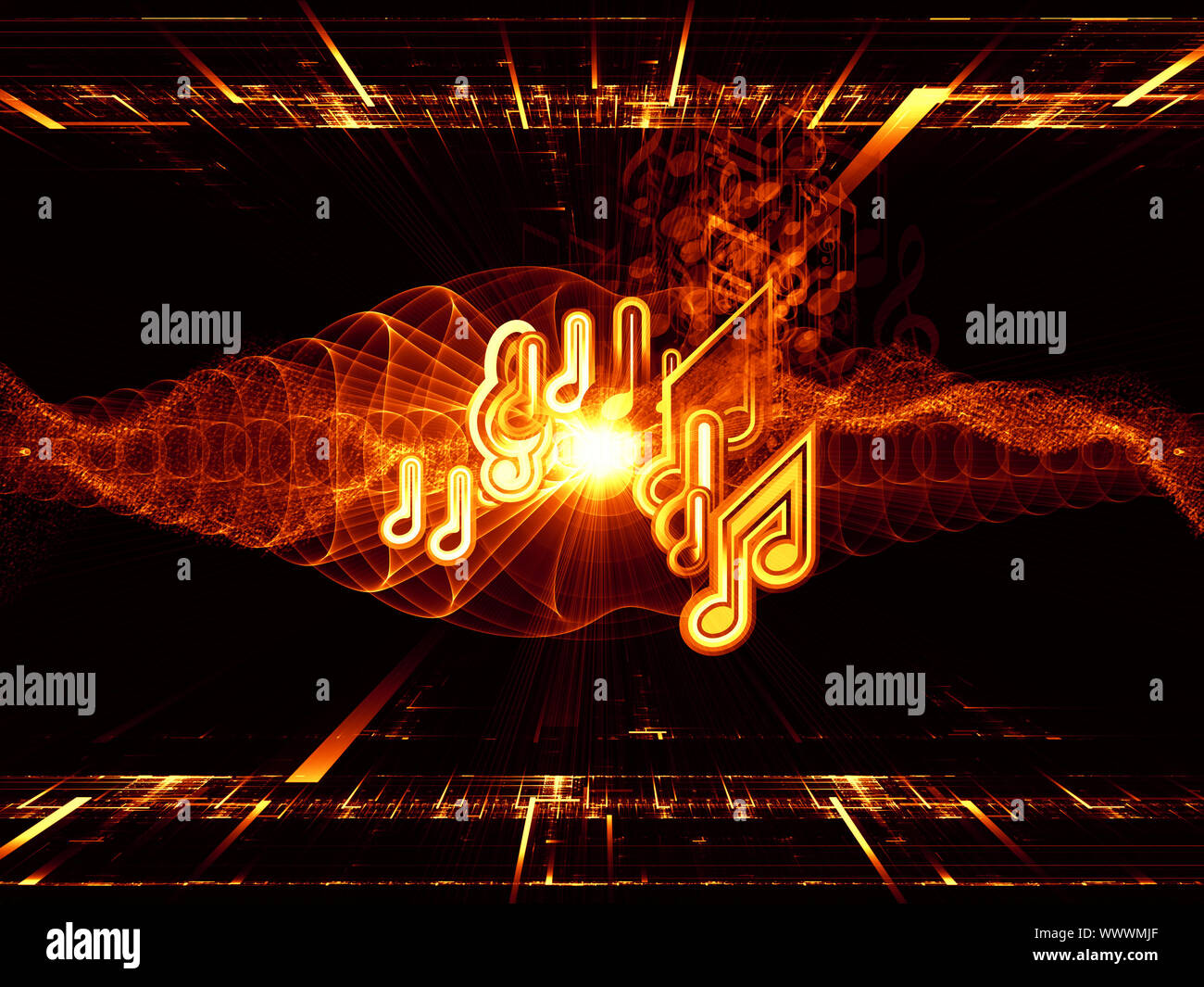 Arrangement of musical notes, perspective fractal grids, lights, wave ...