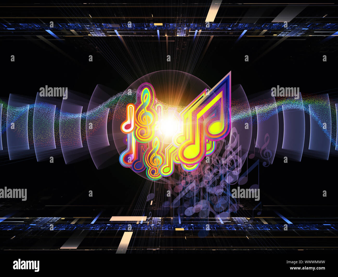 Composition of musical notes, perspective fractal grids, lights, wave ...