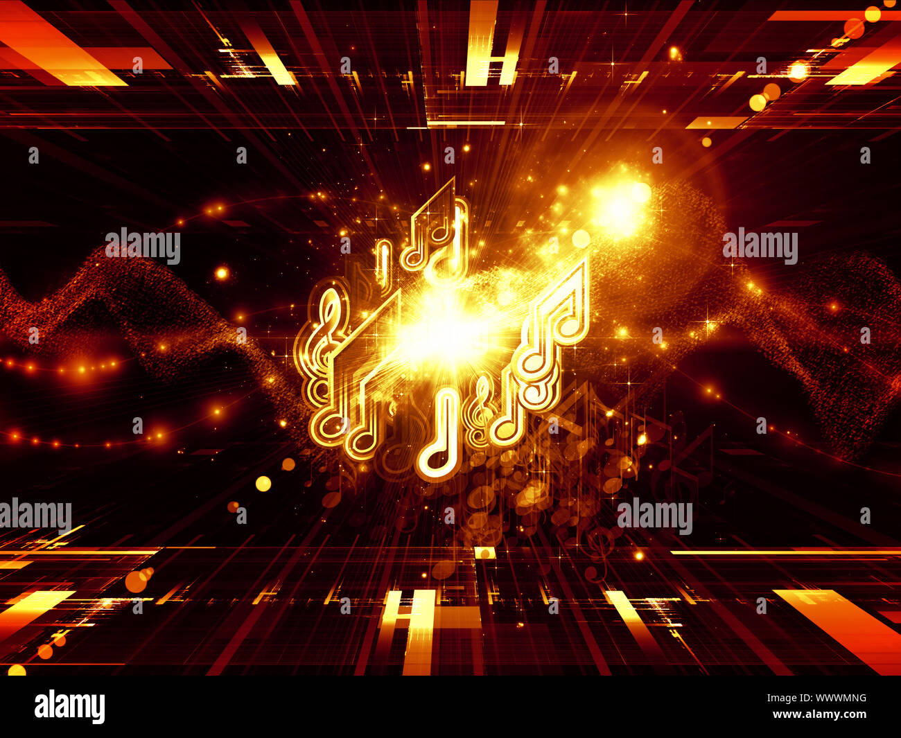 Arrangement of musical notes, perspective fractal grids, lights, wave ...