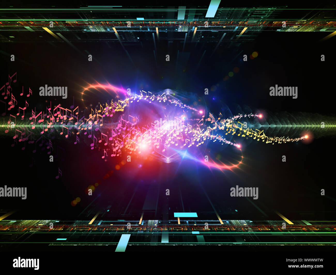 Abstract composition of fractal grids, lights and musical notes ...
