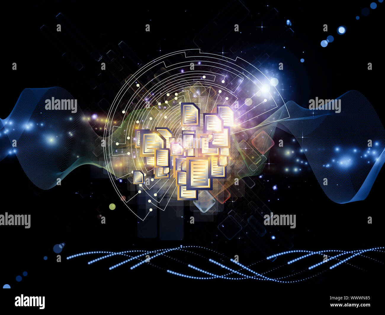 document symbols, lights and abstract technology elements arrangement ...