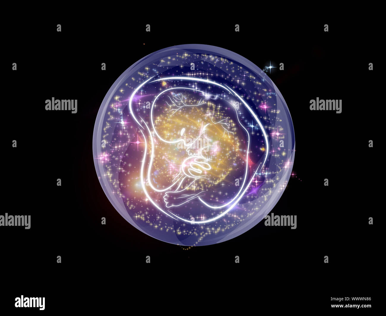 Backdrop of drawing of a fetus and abstract design elements on the ...