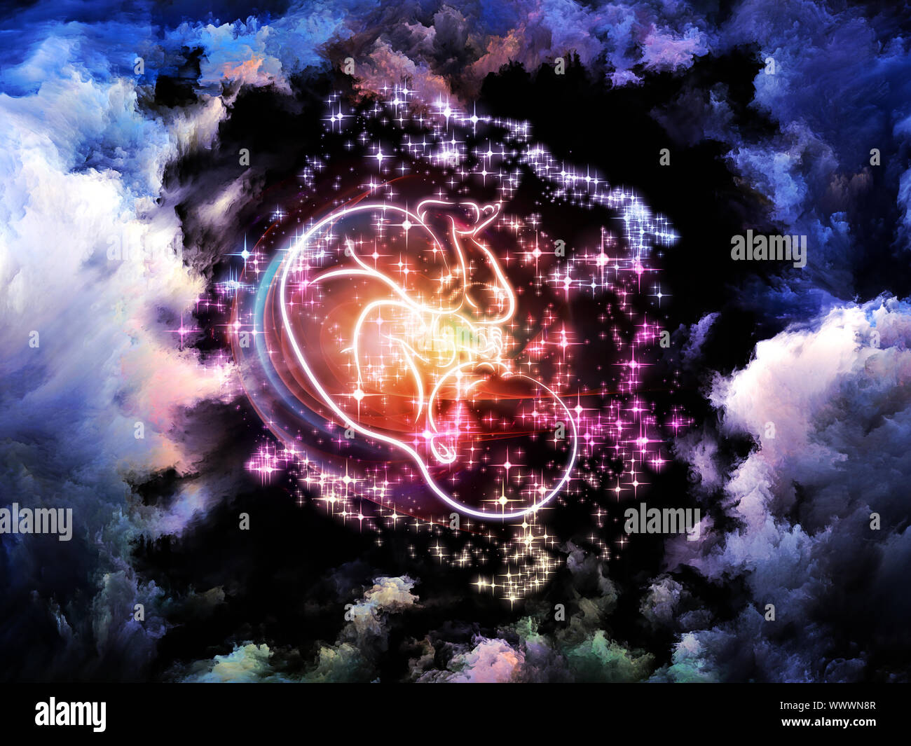Creative arrangement of drawing of a fetus and abstract design elements ...