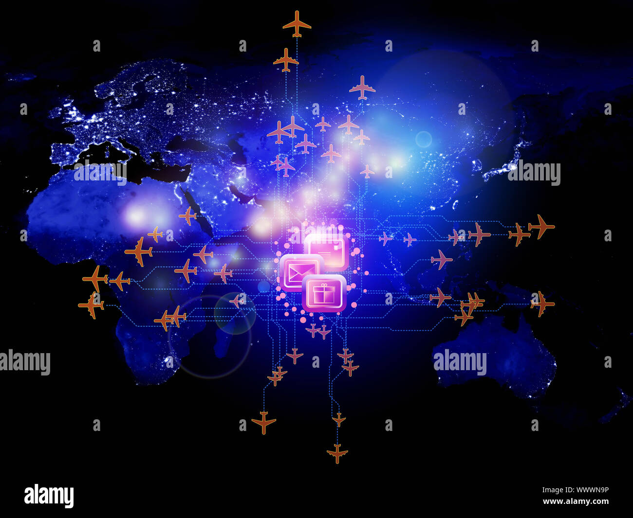 Rendering of city light map (courtesy of NASA), abstract lights and ...