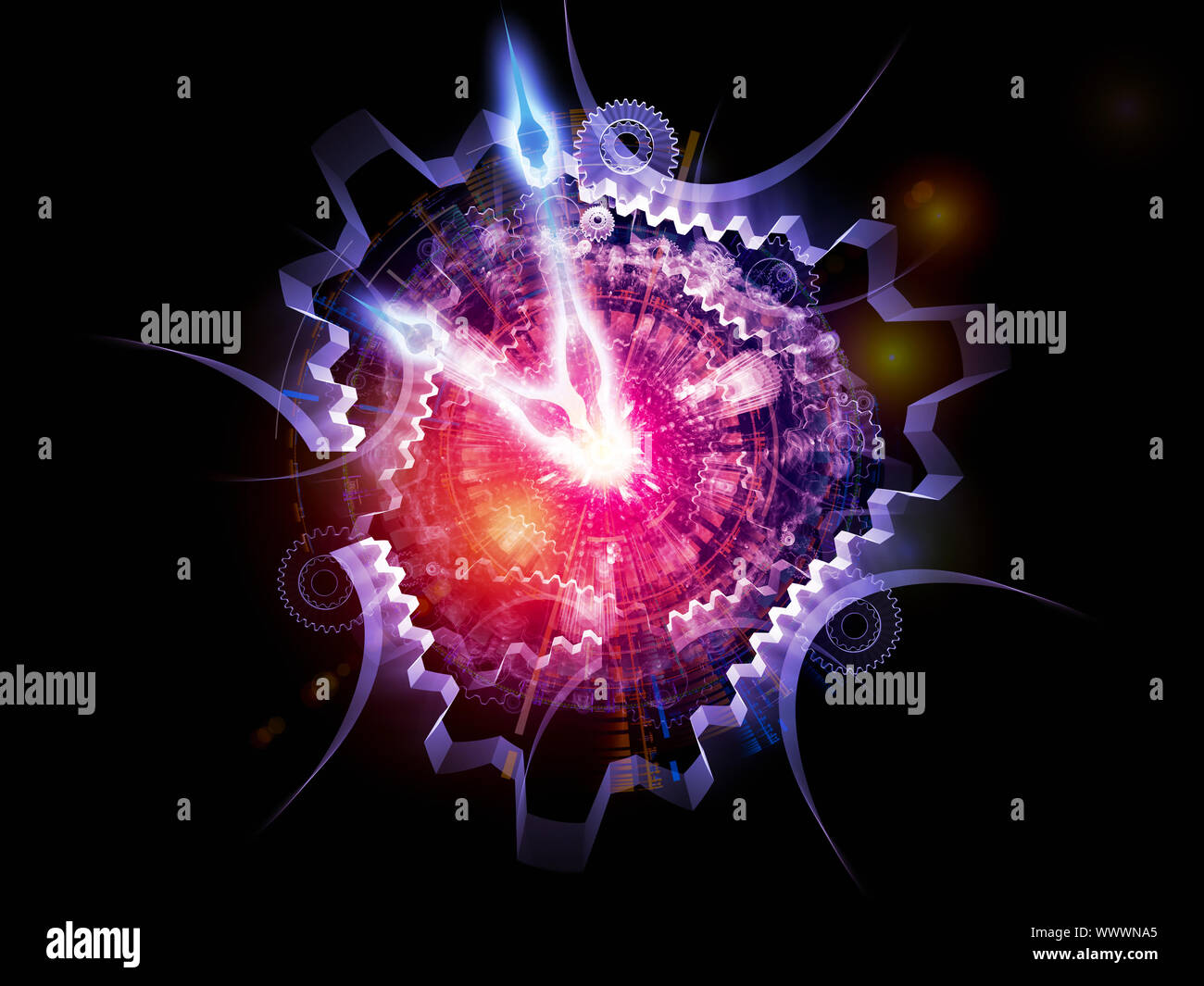 Composition of clock hands, gears, lights and abstract design elements ...