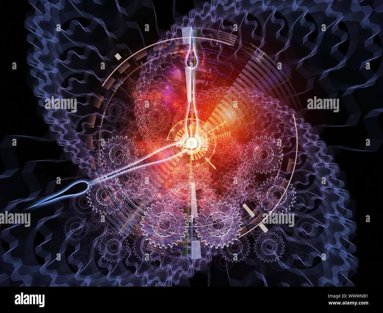 Background design of clock hands, gears, lights and abstract design ...