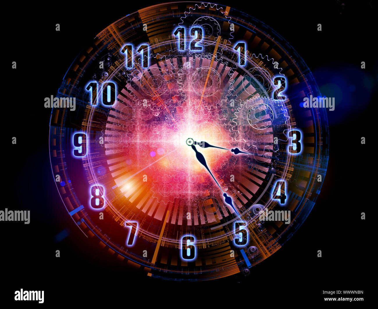 Design composed of clock hands, gears, lights and abstract design ...