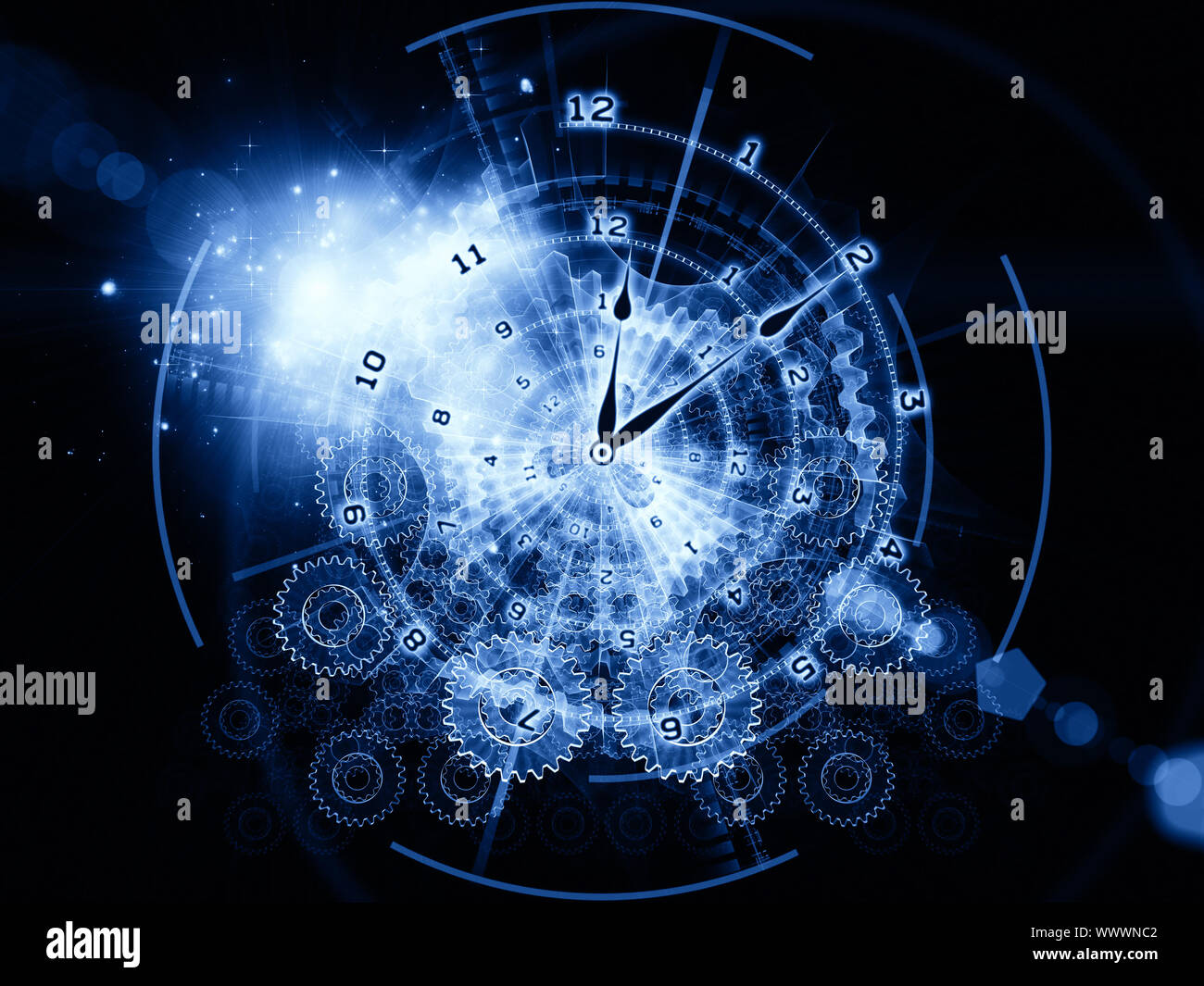 Composition of clock hands, gears, lights and numbers as a concept ...