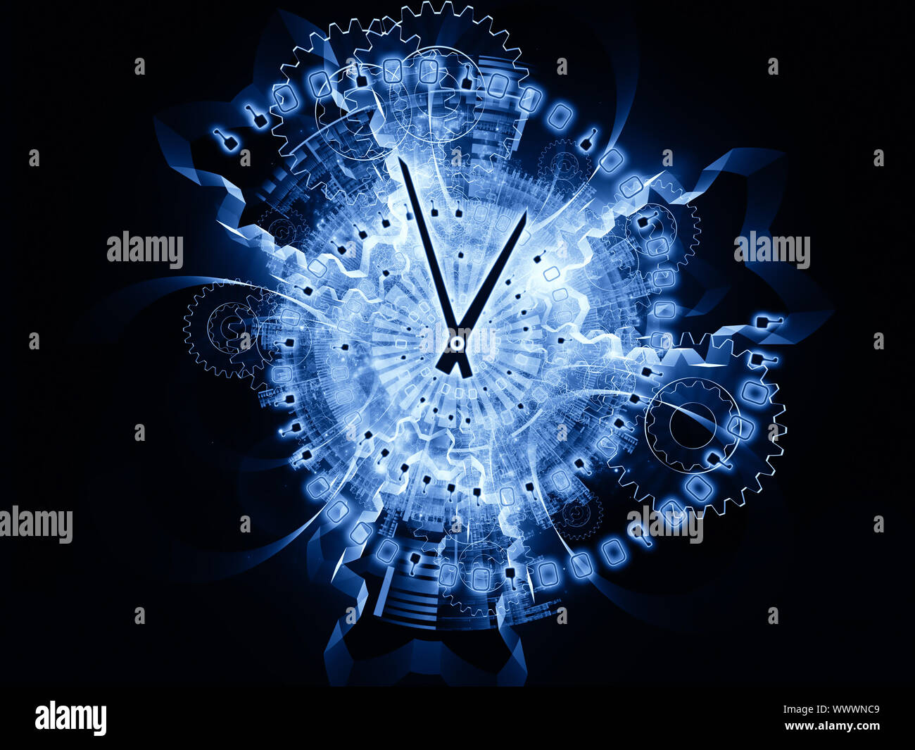 Composition of clock hands, gears, lights and numbers suitable as a ...