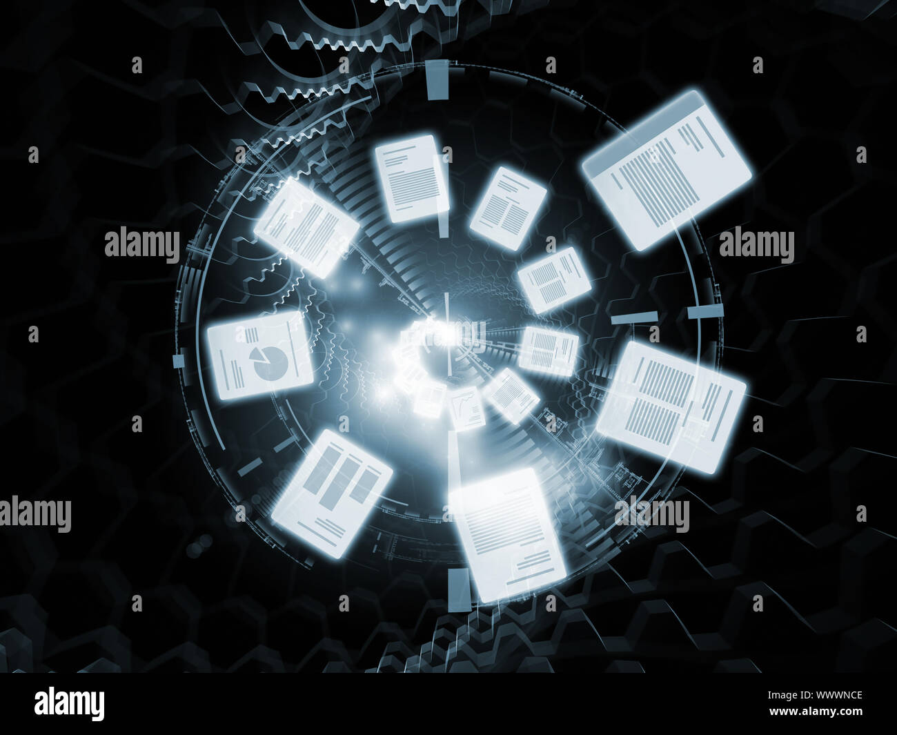 Composition of document icons, lights and abstract design elements ...