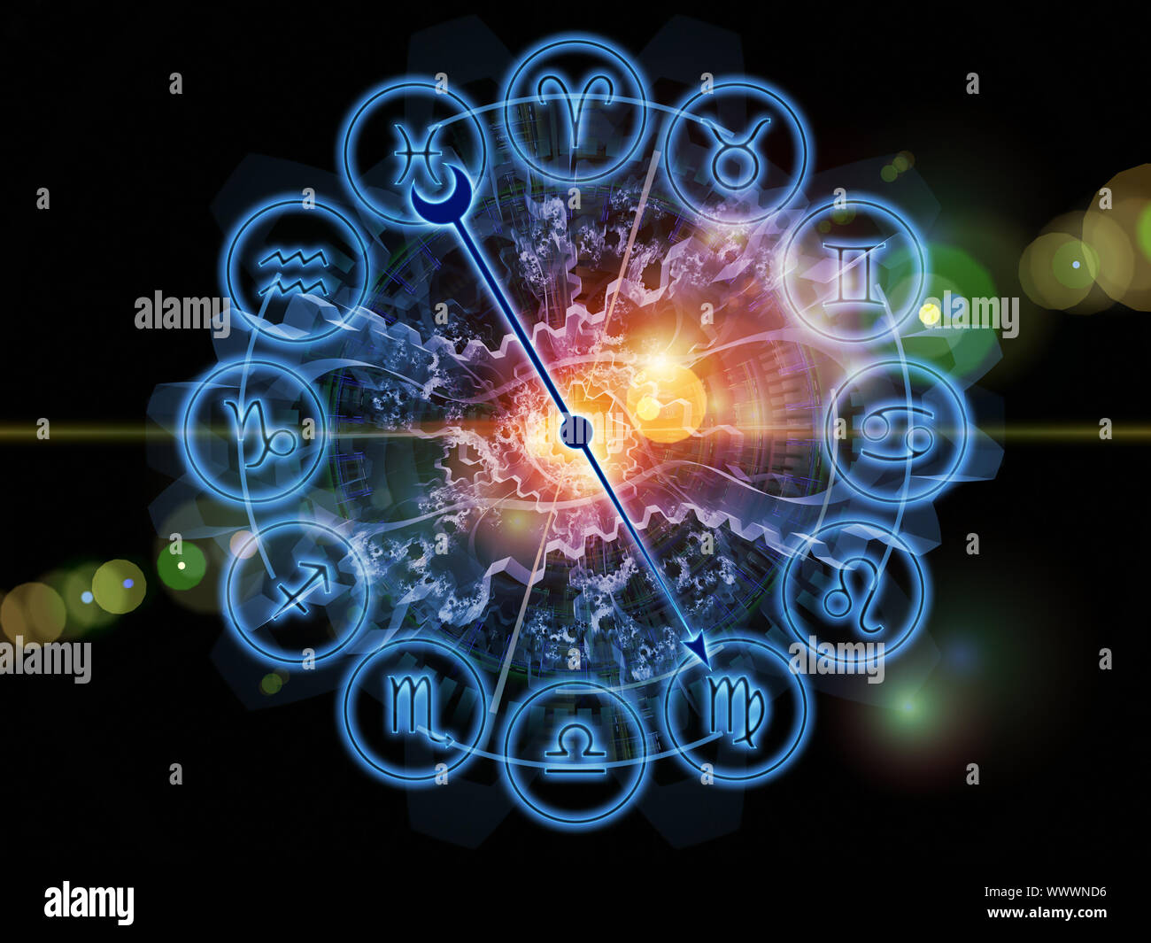 Zodiac symbols, gears, lights and abstract design elements arrangement ...