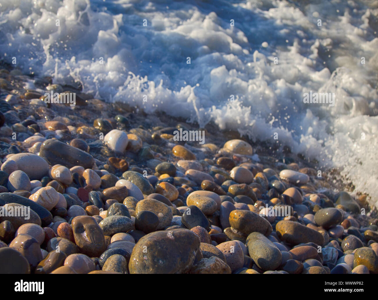 Sea rolling and receding water in rays of setting sun Stock Photo - Alamy