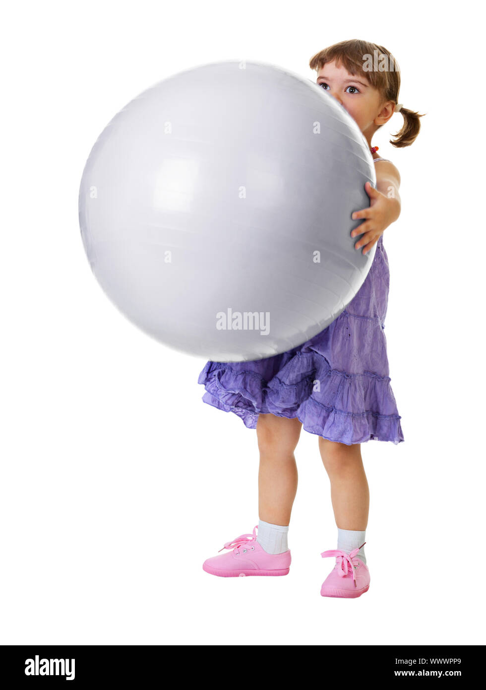 The little girl has a huge ball isolated on white background Stock ...