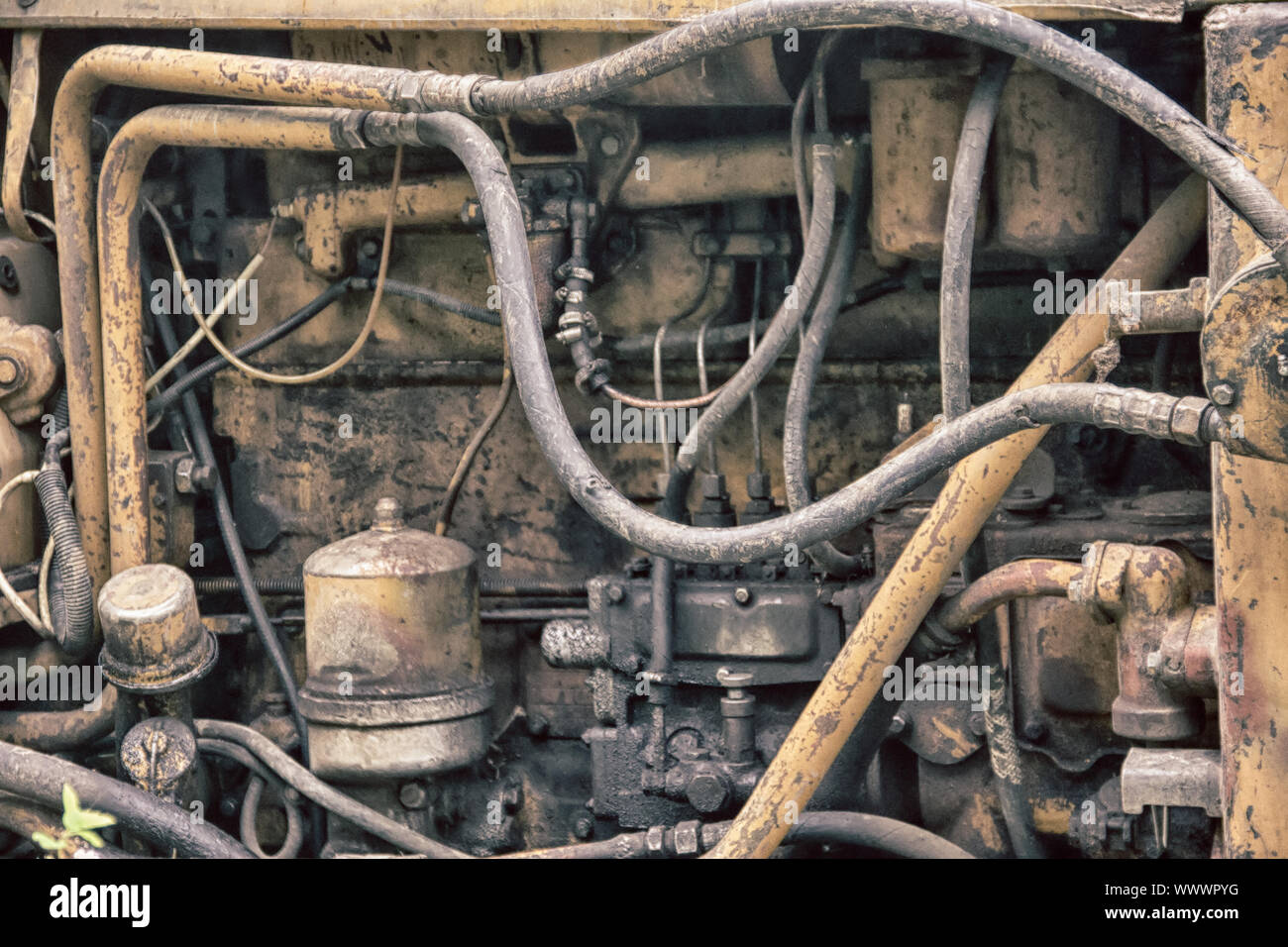 view of engine of caterpillar with pipelines Stock Photo - Alamy