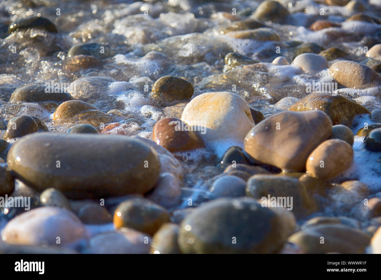 Sea rolling and receding water in rays of setting sun Stock Photo - Alamy
