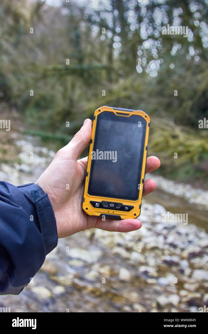 smartphone tracking travel on mountain trails Stock Photo - Alamy