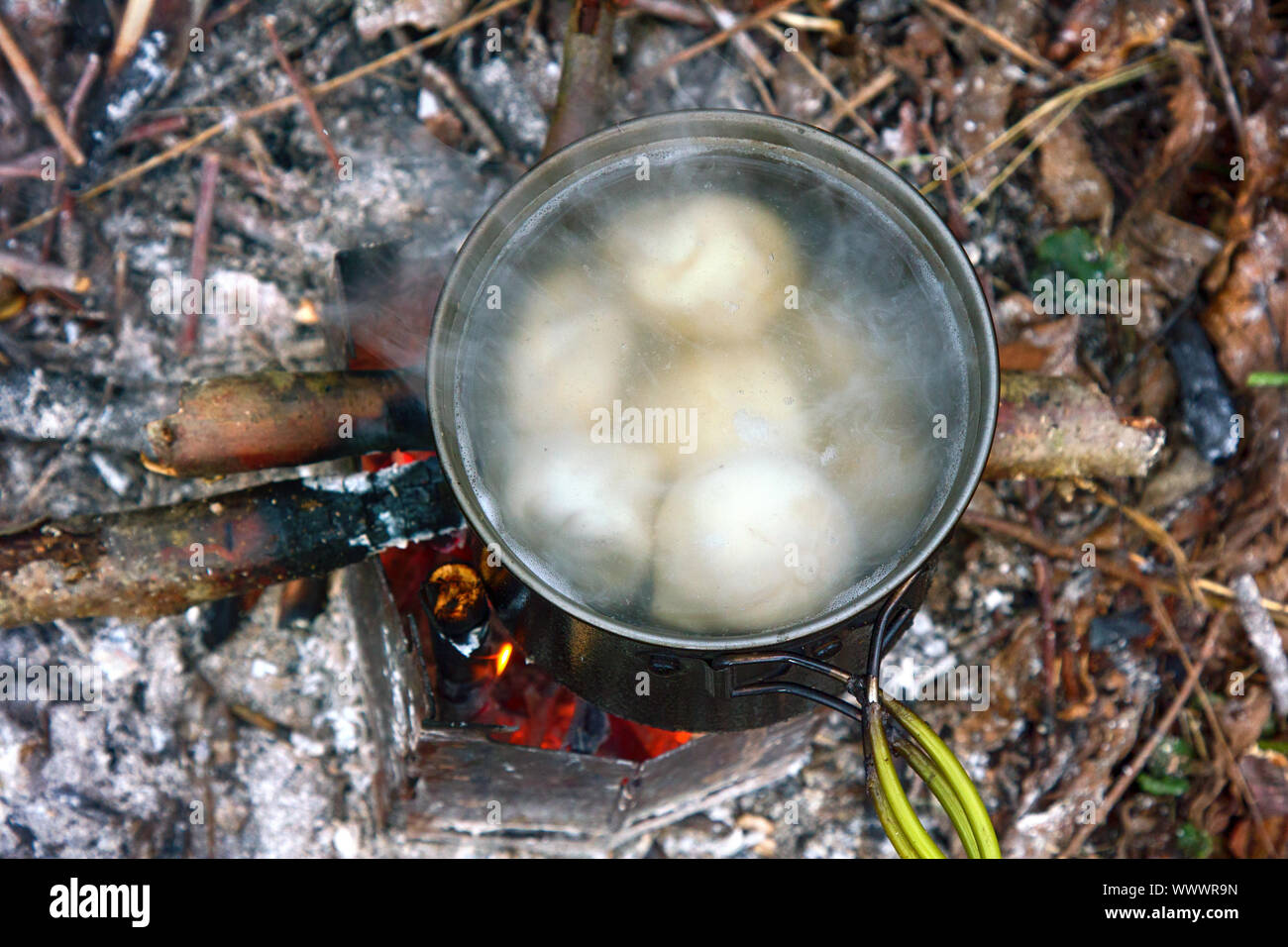 Cooking over open fire at campsite Stock Photo - Alamy