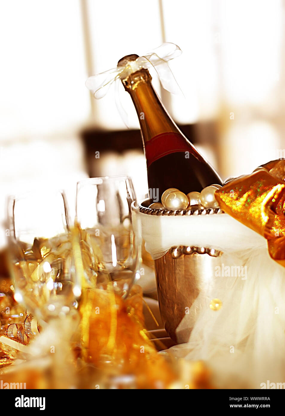 Champagne with decorations for a wedding day Stock Photo - Alamy